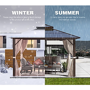 YOLENY 12'x12' Hardtop Gazebo, Outdoor Polycarbonate Double Roof Canopy, Aluminum Frame Permanent Pavilion with Curtains and Netting, Sunshade for Garden, Patio, Lawns