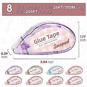 Secopad Scrapbook Tape, 8 Pack Double Sided Tape Roller for Crafts, Sticky Glue Tape Runner Scrapbooking Supplies for Adults and Kids, 0.3IN x 26FT