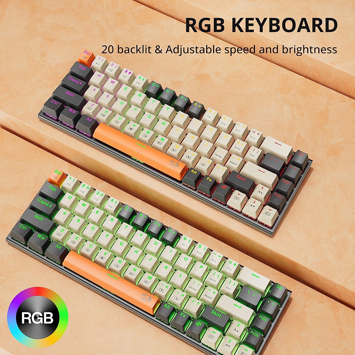 Redragon 60% Mechanical Gaming Keyboard, 68 Keys Wired Office RGB Keyboard with Arrow Keys, Programmable Macro, Red Switches for Windows Mac PC Laptop, Black/Beige/Orange