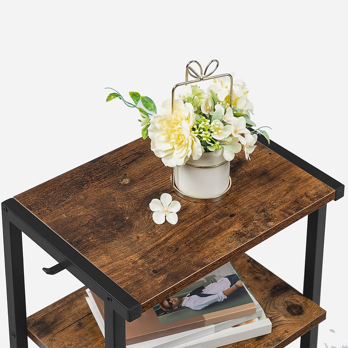 HOOBRO Mobile Printer Stand, 3-Tier Printer Cart Under Desk with Storage, Industrial Adjustable Rolling Cart , Sturdy Little Table on Wheels for Home Office, Rustic Brown and Black BF28PS01