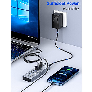 Powered USB 3.0 Hub, Aluminum 7-Port USB Data Hub Splitter with 5V/3A AC Adapter and Individual On/Off Switches, USB Hub Powered Charging for MacBook Pro/Air, PC, Laptops, Surface Pro,HP, etc
