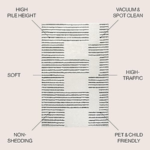 JONATHAN Y MOH407A-5 Petra Abstract Stripe Geometric Shag Indoor Area-Rug Bohemian Contemporary Glam Easy-Cleaning Bedroom Kitchen Living Room Non Shedding, 5 X 8, White/Black