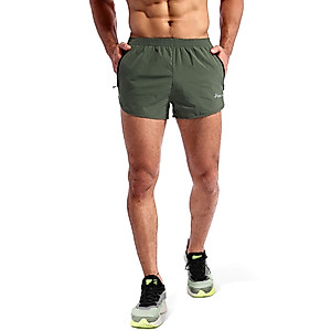 Pudolla Men’s Running Shorts 3 Inch Quick Dry Gym Athletic Workout Shorts for Men with Zipper Pockets(Black Green Large)