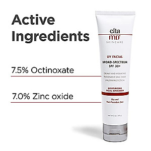 EltaMD UV Facial SPF 30+ Sunscreen Moisturizer Face Lotion, Broad Spectrum Moisturizing Sunscreen with Hyaluronic Acid, Non-Greasy, Face Sunscreen with Zinc Oxide, 3.0 oz Tube