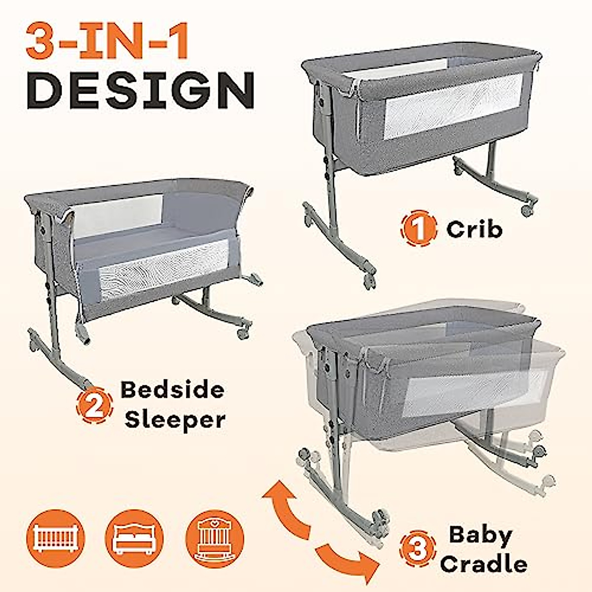 uiuwoo Bedside Crib for Baby, 3 in 1 Bassinet with Large Curvature Cradle, Adjustable and Movable Baby Bed with Mosquito Nets, Sleeper Safety Certificattion Guarantee