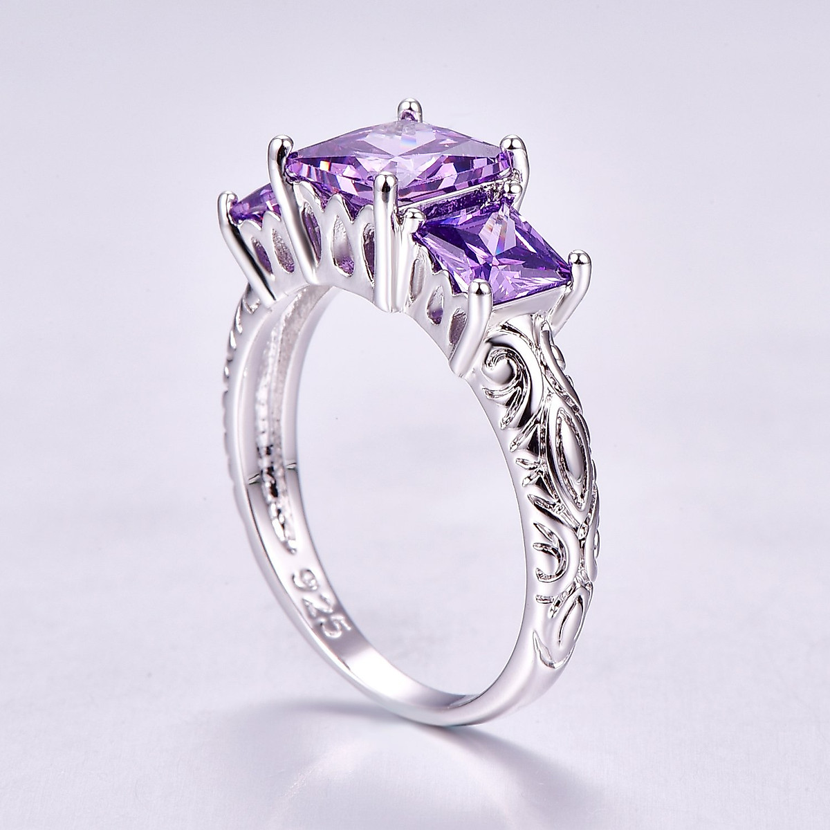Psiroy 925 Sterling Silver Plated Princess Cut Simulated Amethyst 3 Stones Engagement Ring for Women Size 6