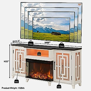 JXQTLINGMU 3-Sided Glass Fireplace TV Stand for 75 Inch TV w/LED Light, Farmhouse Highboy Entertainment Center w/26in Electric Fireplace, Large Media Console w/2 Storage Cabinet for Living Room, White