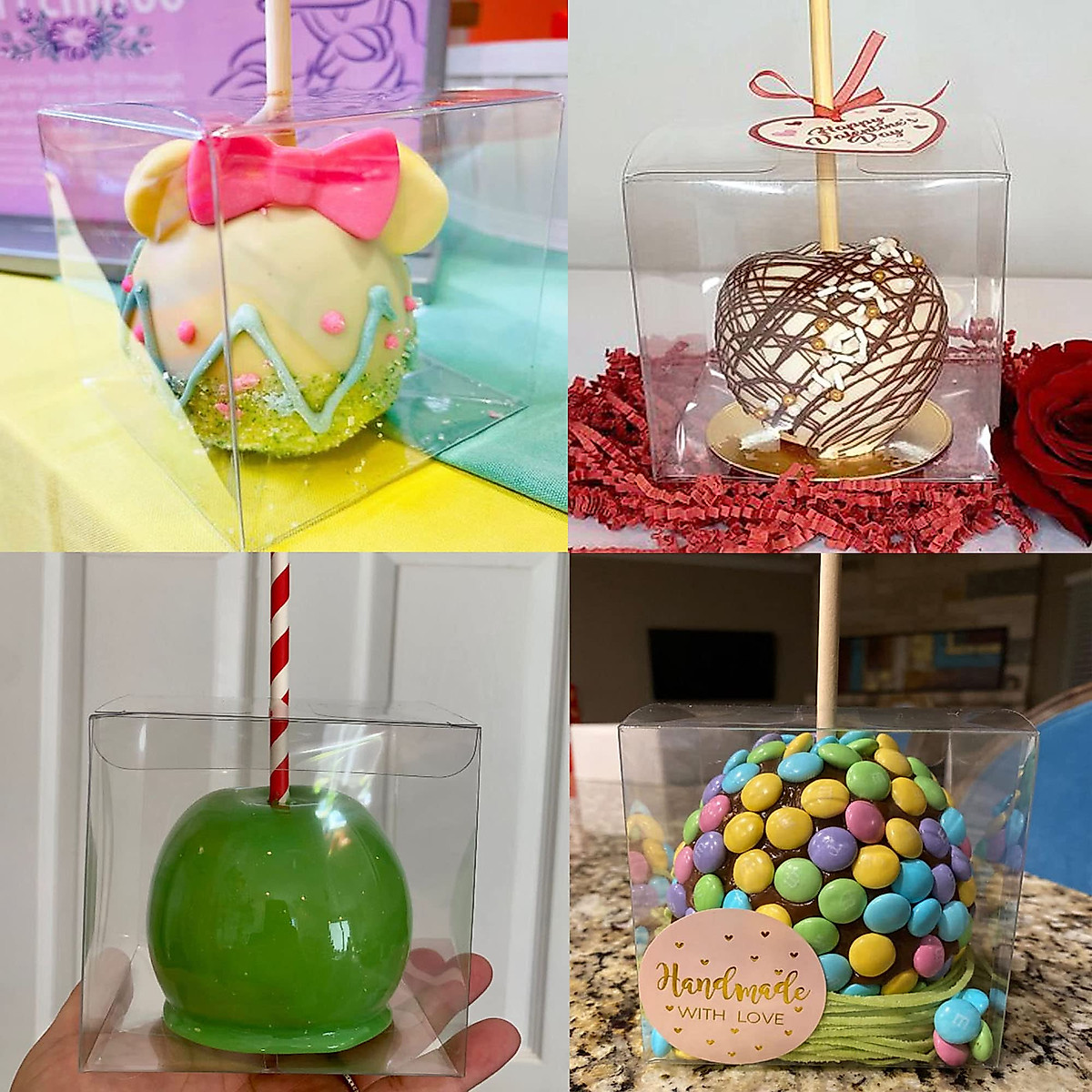 XP-ART 30 Pcs Candy Apple Boxes with Bamboo Apple Sticks, Clear Caramel Apple Box Plastic Gift Cookie Makaron Cupcake Packaging for Treats, Party Favors, 4" L x 4" W x 4" H