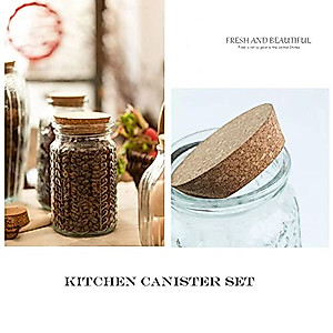 Piscepio Canister Glass Jars with Cork Lids Set of 3 in 38oz, 41oz & 56oz, Embossed wooden Stopper Glass Containers, Retro Design Decorative Kitchen Counter, Pantry Jars for Candy Cookie Food Storage