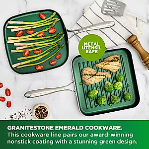 Granitestone Green Nonstick Grilling Pan Diamond Infused, Metal Utensil Sear Ridges for Grease Draining, Stainless Steel Stay Cool Handle, Oven & Dishwasher Safe, 100% PFOA Free, 10.5"