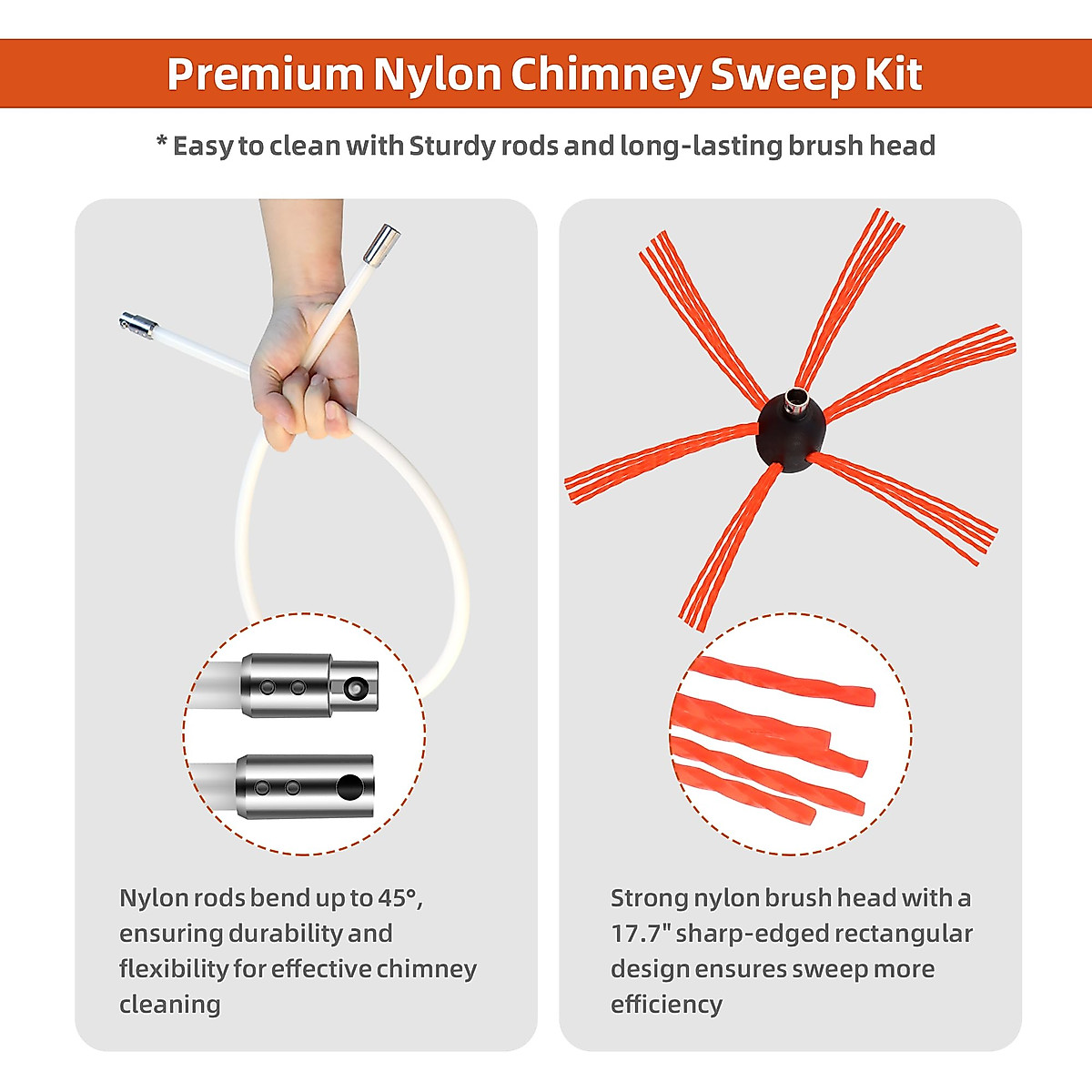 23 Feet Chimney Sweep Kit Chimney Cleaning Kit Chimney Brush, Rotary Chimney Cleaner Tool Kit with 7 Nylon Flexible Rods, Chimney Cleaning System Driven by Drill for Sweeping Fireplace Flue
