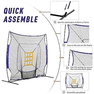 Soozier Baseball Practice Net Set with 7.5x7ft Catcher Net, Ball Caddy and Batting Tee, Portable Baseball Practice Equipment with Carry Bag for Hitting, Pitching, Batting, Catching, Purple