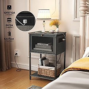 NONGSHIM Nightstand with Charging Station and USB Ports, Night Stand with Flip Drawer and Open Storage Shelf,Bedside Table for Small Spaces,Side End Table for Bedroom,Living Room-Grey
