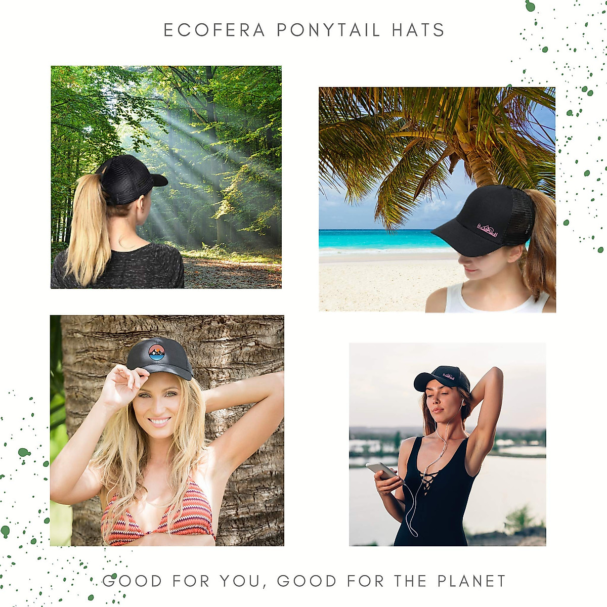 Ecofera Women's Eco-Friendly Ponytail Hat Messy Bun Baseball Trucker Cap (Grey/White Patch)