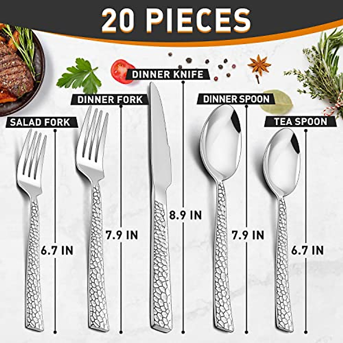 Herogo Stainless Steel Hammered Square Silverware Set for 4, 20-Piece Fancy Flatware Cutlery Set, Metal Tableware Eating Utensils Set for Home Restaurant Wedding, Dishwasher Safe