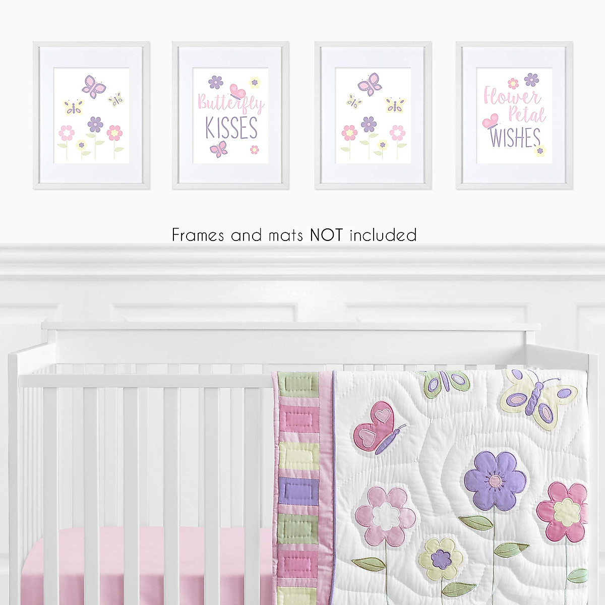Sweet Jojo Designs Butterfly Wall Art Prints Room Decor for Baby, Nursery, and Kids - Set of 4 - Pink and Purple Floral Flower Garden Kisses and Wishes