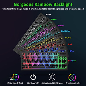 BlueFinger Wireless Gaming Keyboard, Rechargeable RGB Rainbow Backlit Gaming Keyboard, Compact 87 Keys Wireless Keyboard for Mac Laptop Computer PC Gamer