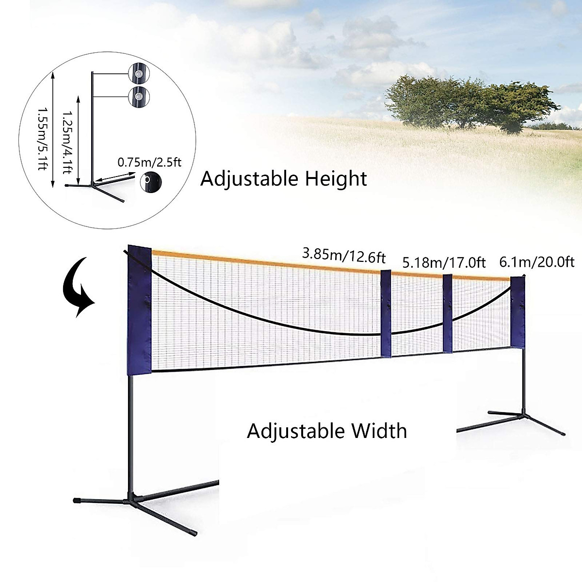 Portable Badminton Net Set, 20Ft 17Ft 12.6Ft Adjustable Sports Net with Poles Carrying Bag, Polypropylene Fiber Sports Net Set for Badminton, Tennis, Kids Volleyball, Pickleball