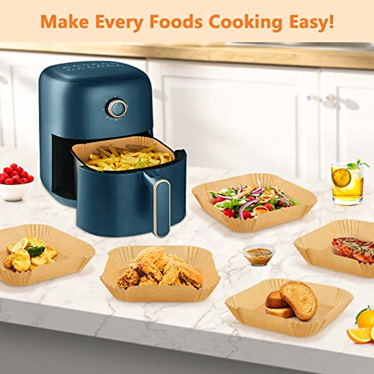 Air Fryer Liners 8 Inch,125Pcs Premium Food Grade Parchment Paper, Air Fryer Disposable Paper Liner for Air Frying, Baking, Roasting Microwave, Non-Stick Cooking Air Fryer Paper Square Free of Bleach