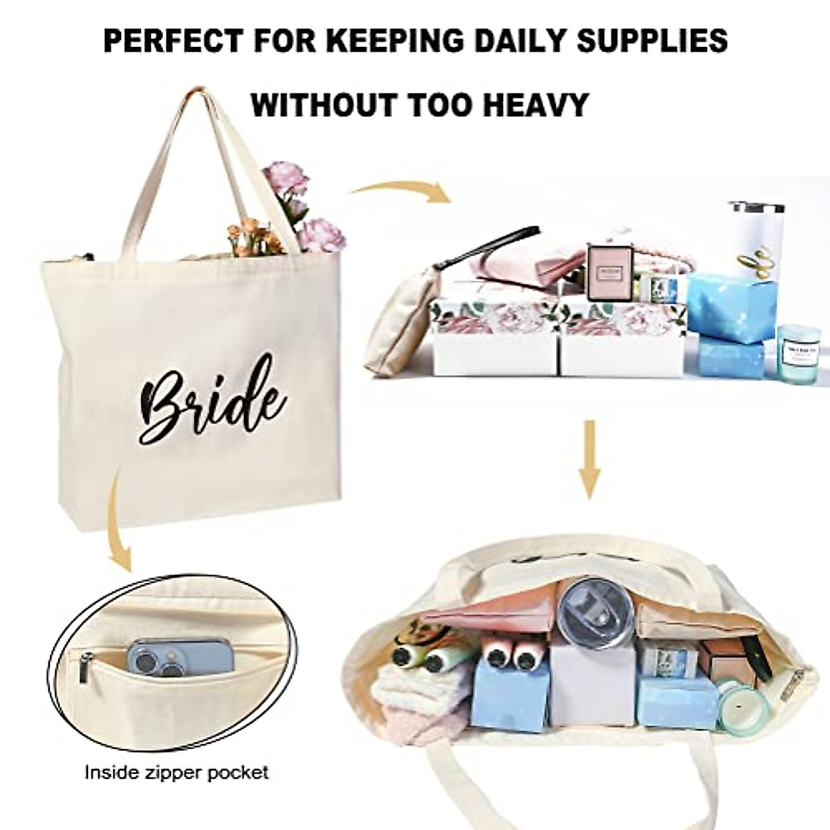 DHQH Bride to Be Tote Bag, Canvas Bride Shoulder Bag with Zipper, Bachelorette Engagament Bridal Shower Wedding Bride Gifts