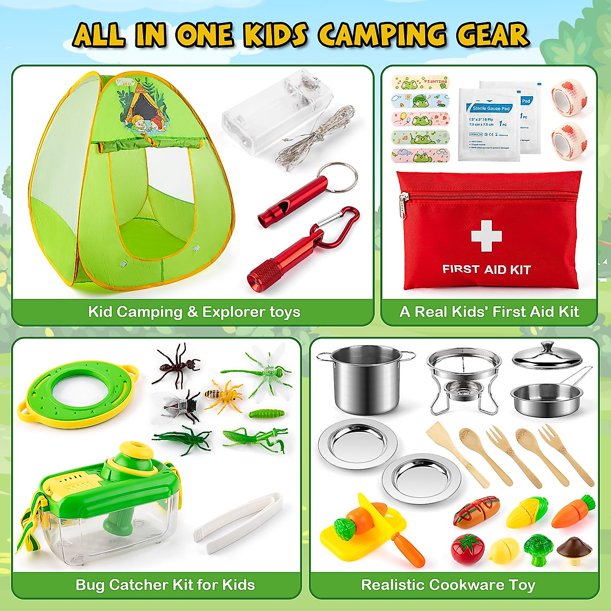 TIKJOYFUL 40 PCS Kids Camping Set, Pop Up Play Tent with Kids Cookware Toy, Outdoor Explore Kit & First AID playset, Indoor Outdoor Kids Pretend Play Toys for 3 4 5 6 7 8 Year Old Boys and Girls