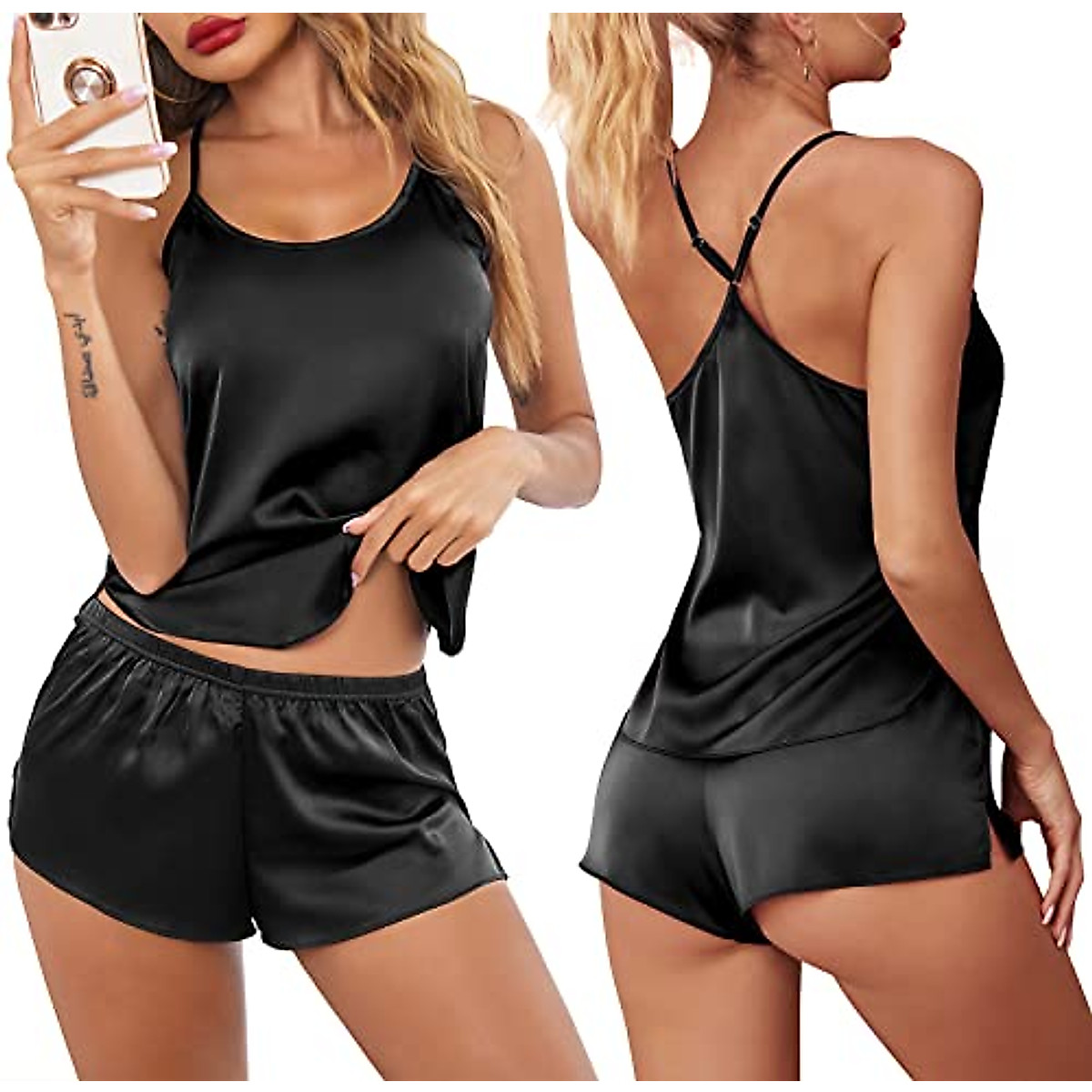 Ekouaer Womens Pajama Sets Lingerie Satin Sleepwear Cami Shorts Set 2 Piece Silk Pjs Nightwear Gift Black
