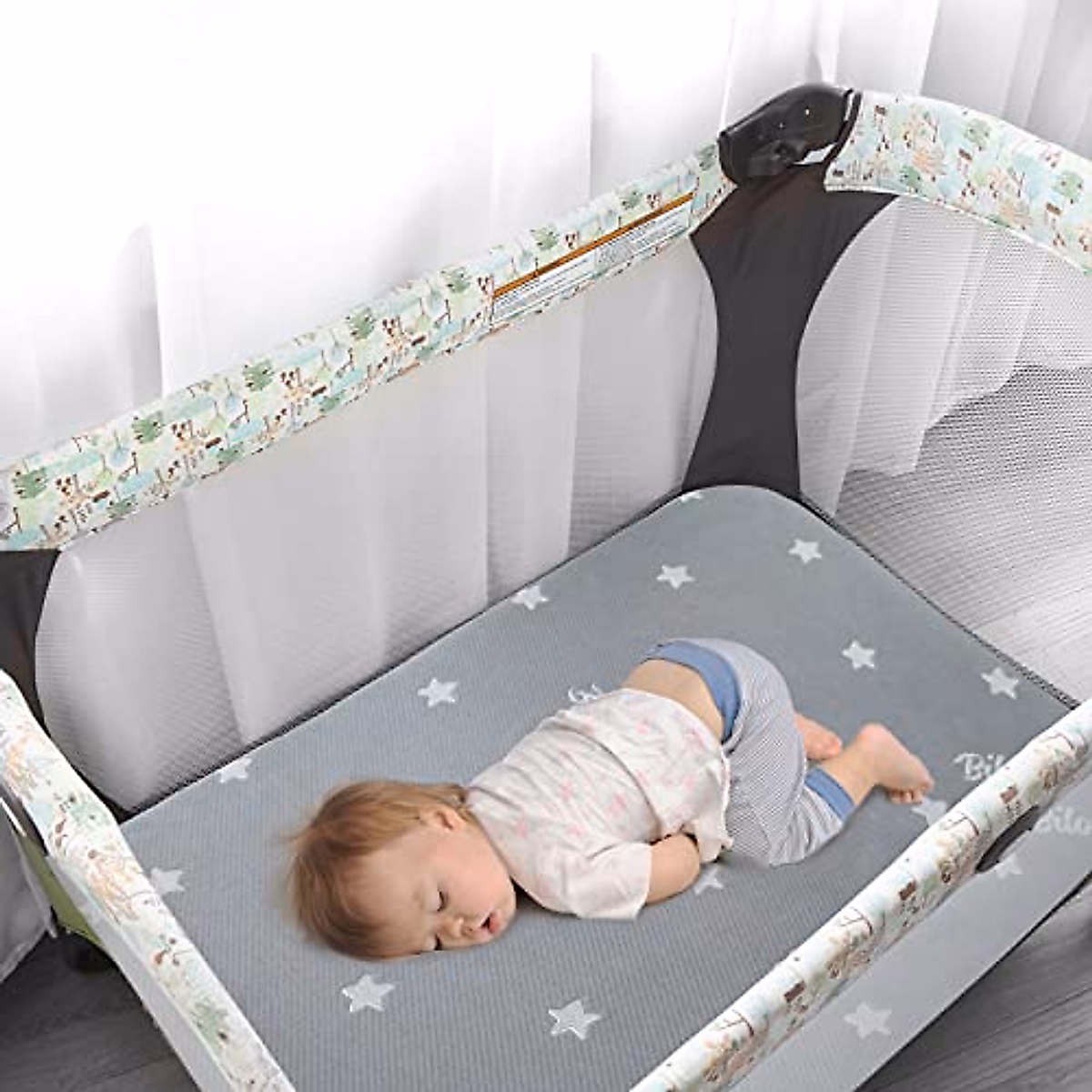 Waterproof Pack and Play Mattress Topper Fits for Graco & Baby Trend & Pamo Babe Playard, Bamboo Playard Mattress Pad for Toddlers, Soft Foam Playpen Mattress with Non-Slip Bottom, Dual Sided, Grey