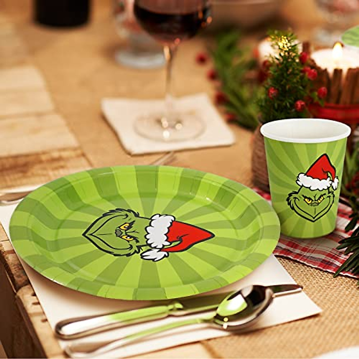 Whaline 100Pcs Christmas Tableware Set Green Christmas Character Disposable Dinnerware Set 50Pcs Paper Plates 25Pcs Napkin 25Pcs Cups for Xmas Theme Party Supplies Table Decorations