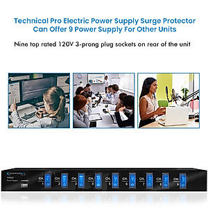 Technical Pro Power Supply Strip - 9 Power Outlet with Switches, 5V USB Charging Port, 1800 Watts Max Load Power Conditioner, High Load Power Electric Extension Cord Strip - 4 Ft