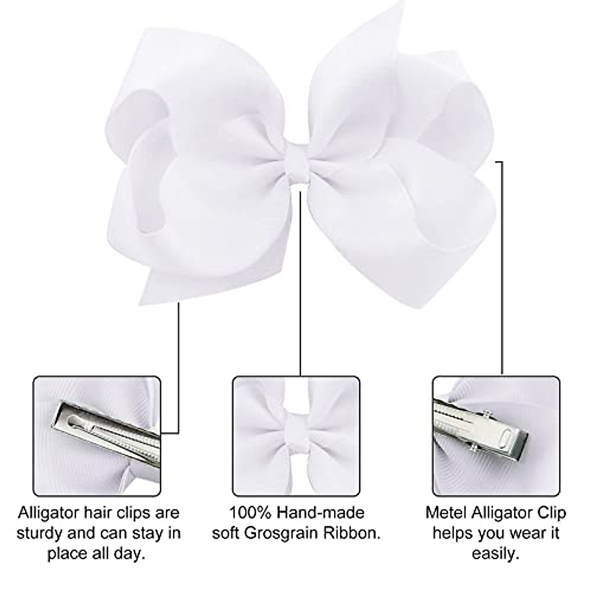 AILEAM Hair Bows for Girls 6PCS Girls Toddler bows Clips White Grosgrain Ribbon Alligator Clips Kids Hair Accessories (6inch ×2, 4inch ×2, 3inch ×2)