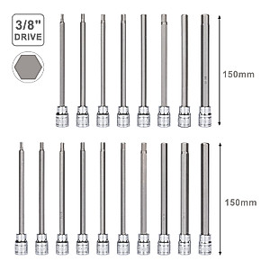 Mayouko 3/8" Drive Extra Long Allen Hex Bit Socket Set, 1/8" - 3/8", 3-10mm, S2&CR-V, Metreic&SAE, 18 Pieces, 150mm/5.9" Length