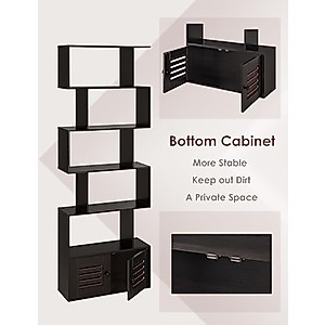 DINZI LVJ 6-Tier Bookshelf, S-Shaped Geometric Bookcase, Book Shelf with Cabinet, Display Shelf with Door, Freestanding Decorative Storage Shelving for Living Room, Home Office, Espresso