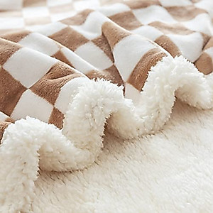 LOMAO Sherpa Throw Blanket Fleece Blanket with Checkered Pattern Soft Thick Blanket for Couch, Bed, Sofa Luxurious Warm and Cozy for All Seasons (Khaki, 51"x63")