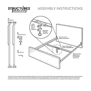 MALOUF Hook-on Metal Bed Rails with Center Bar and Adjustable Height Support Foot, Twin/Full, Black