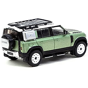 Land Rover Defender 110 with Roof Rack Light Green Metallic with White Top 1/64 Diecast Model Car by Tarmac Works