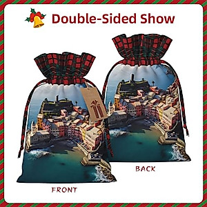 Christmas Gift Bags with Drawstring Burlap Gift Bags Aerial View of Vernazza Christmas Linen Bags for Xmas Party Candy Bags with Cards Xmas Reusable Wrapping Bags Christmas Linen Treat Bags for Holiday