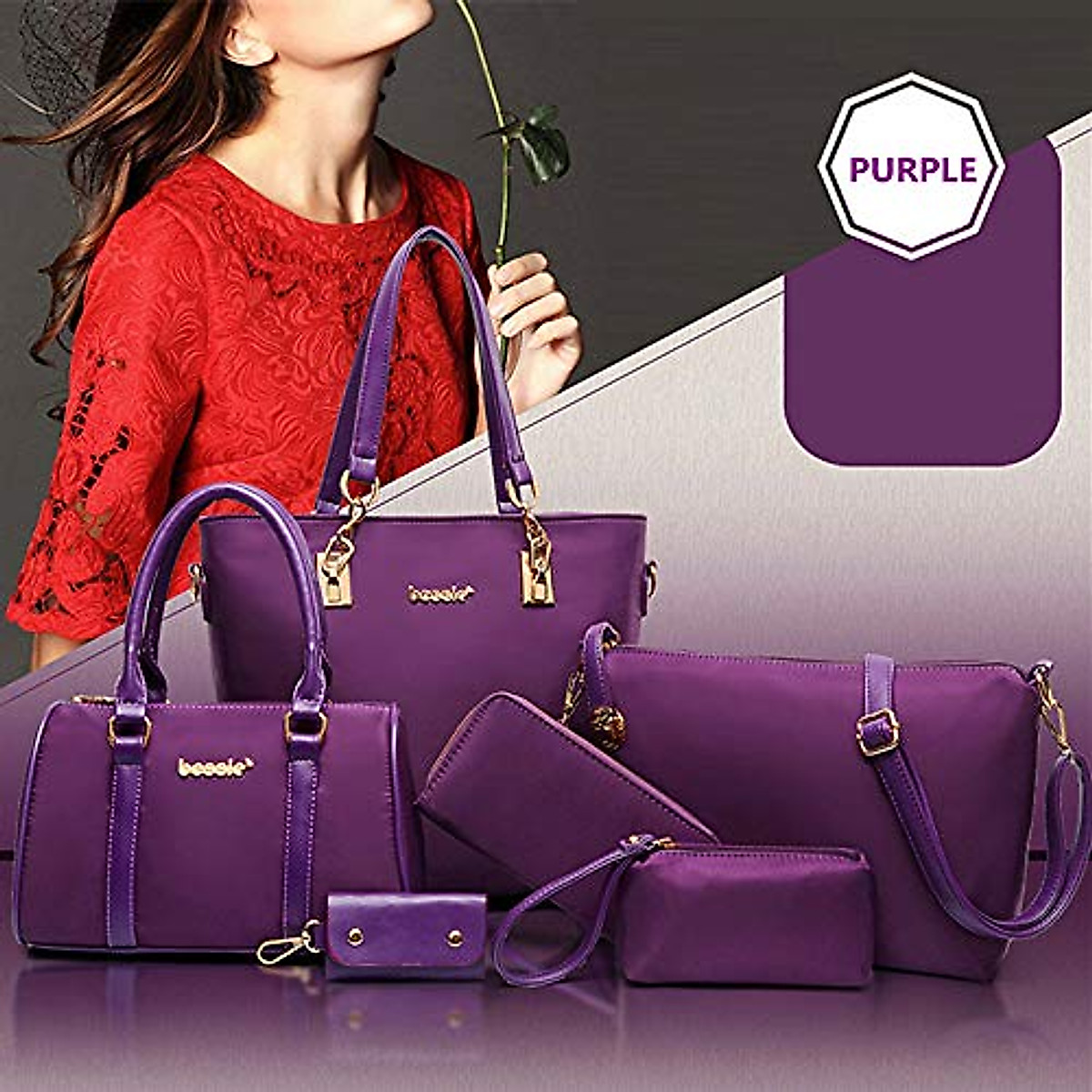 AlwaySky Nylon Women's Shoulder Bag 6 PCS Top-Handle Handbag Tote Purse Wallet Key Case Set (Purple)