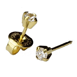 Long Post 14kt Yellow Gold 3mm CZ Cubic Ear Piercing Earrings Studex System 75