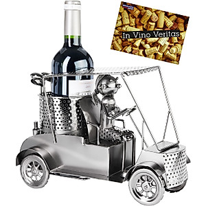 BRUBAKER Bottle Holder Female Golf Player in Golf Cart - Silver Metal Sculpture Wine Gift for Golfer and Sport Women - Wine Bottle Stand with Greeting Card