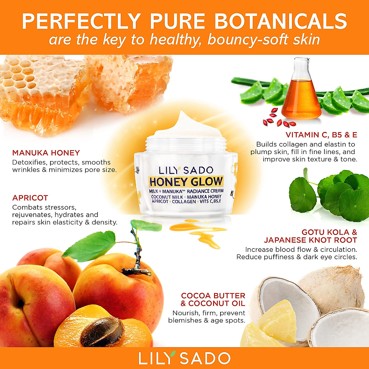 LILY SADO Honey Glow Collagen Radiance Cream Face Moisturizer - Natural Daily Facial Lotion w Manuka Honey, Apricot & Sodium Hyaluronate - Amazing Anti Aging Formula. 2 oz