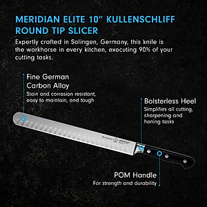 Messermeister Meridian Elite 10” Round-Tip Kullenschliff Slicer Knife - Fine German Steel Alloy Blade - Rust Resistant & Easy to Maintain