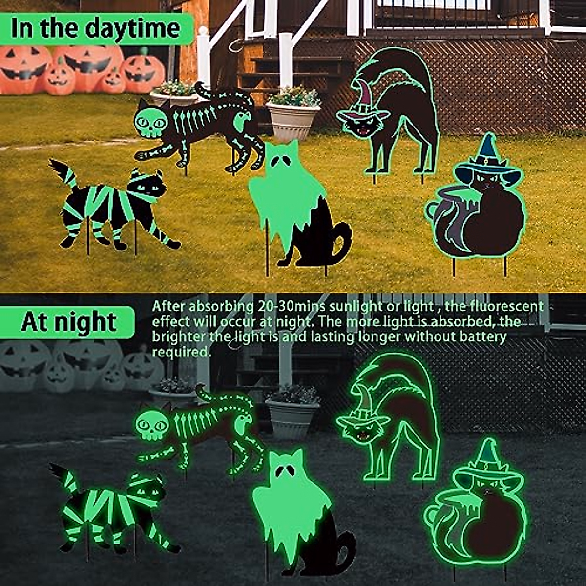 Halloween Yard Decorations Outdoor Signs - 5pcs Black Cat Halloween Decor Yard Signs with Stakes, Mummy Ghost Witch Skeleton Cat Glow in Dark for Halloween Party Supplies Garden Lawn Decorations
