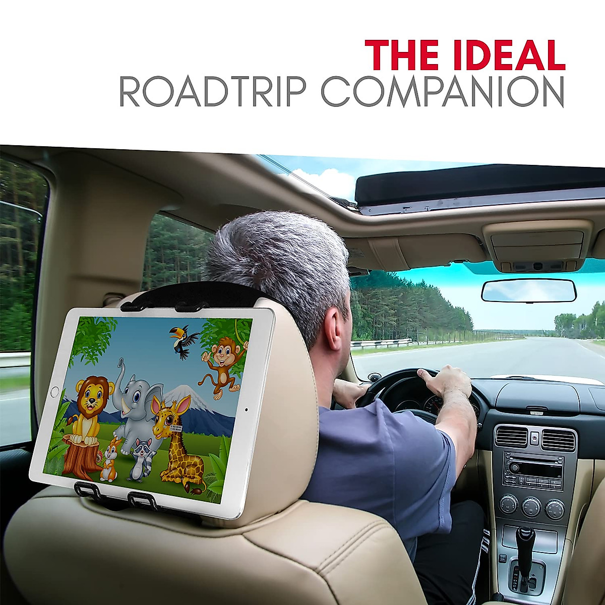 Macally Tablet Holder for Car Headrest for Happy Kids - (Upgraded) iPad Car Holder Back Seat Mount Strap - Rear Facing Head Rest iPad Holder for Car Backseat with Adjustable Case Angles