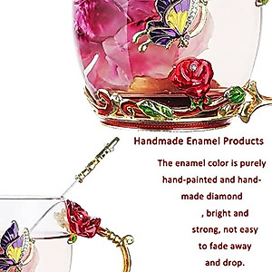 VANUODA Enamels Butterfly Flower Tea Cup, Glass Coffee Mugs with Spoon, Valentines Mothers Day Graduation Christmas Gifts for Women Wife Mom Her Grandma Girls Teacher Friends, Birthday Present Idea