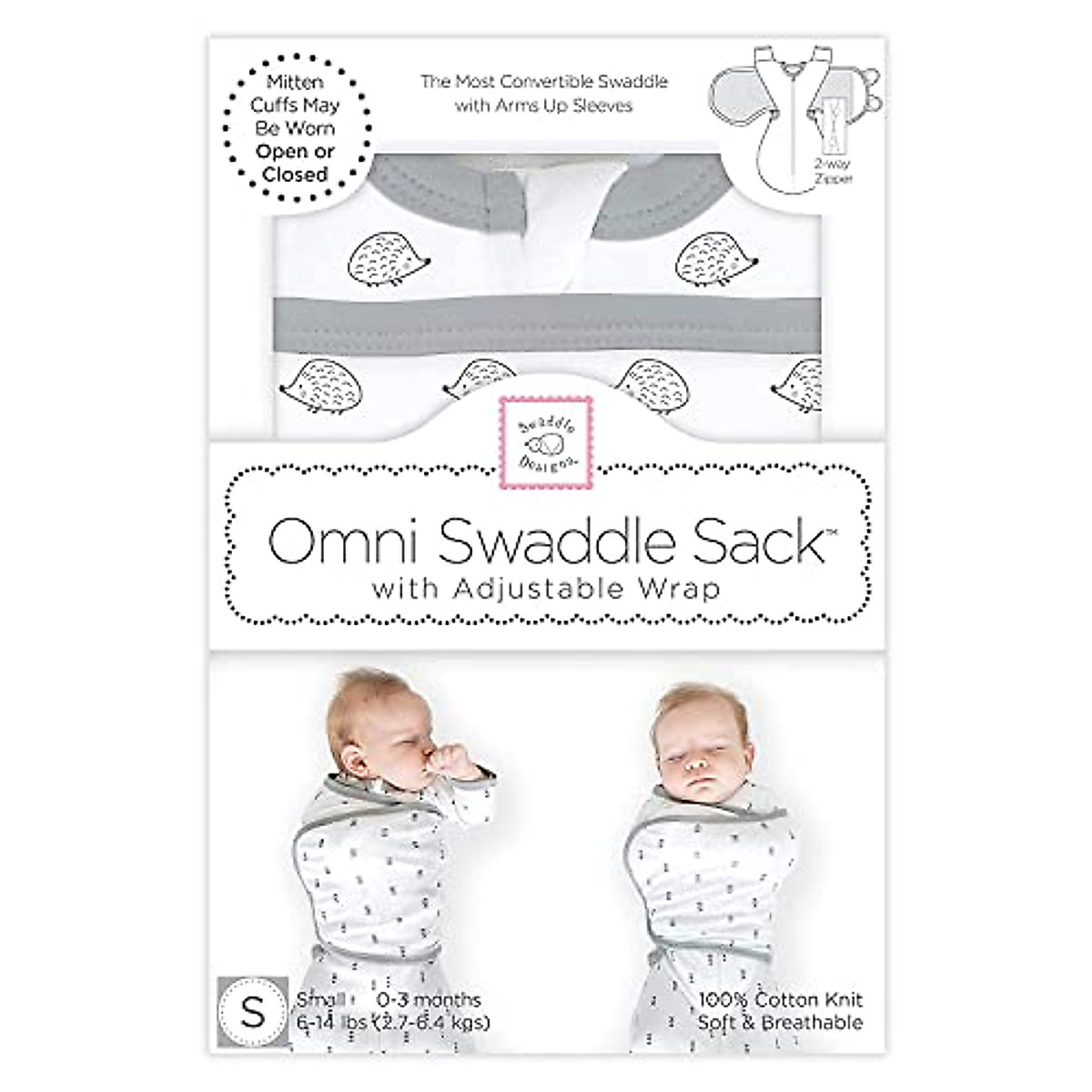 SwaddleDesigns Omni Swaddle Sack® Arms Up Half-Length Sleeves & Mitten Cuffs, Easy Swaddle Transition, Hedgehogs, 0-3 Month