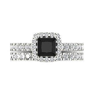 1.54 carat Princess Cut Halo Solitaire Natural Black Onyx Wedding Anniversary Bridal Ring band set 14k White Gold 6