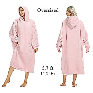 Kipswiza Wearable Hoodie Blanket for Women Flannel Warm Lightweight Long Blanket Thick Soft Big Hooded Sweatshirt Blanket for Adults Womens Girls Teenagers Teens Gifts Light-Pink