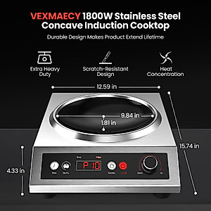 VEXMAECY 1800W Electric Wok Used For Home And Commercial,Induction Wok With Concave Surface Stainless Steel Strong Power Dual Control Mode 10 Power And Temp 24H Timer Induction Cooktop For Cooking
