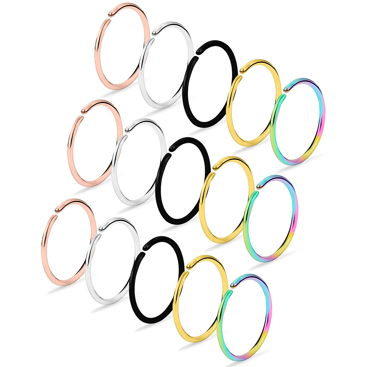 Dyknasz 15Pcs 22G Nose Rings Hoop 316L Stainless Steel Fake Nose Ring Tragus Cartilage Helix Piercing Earring Hoops Septum Lip Ring 6MM for Women Men Mix Color