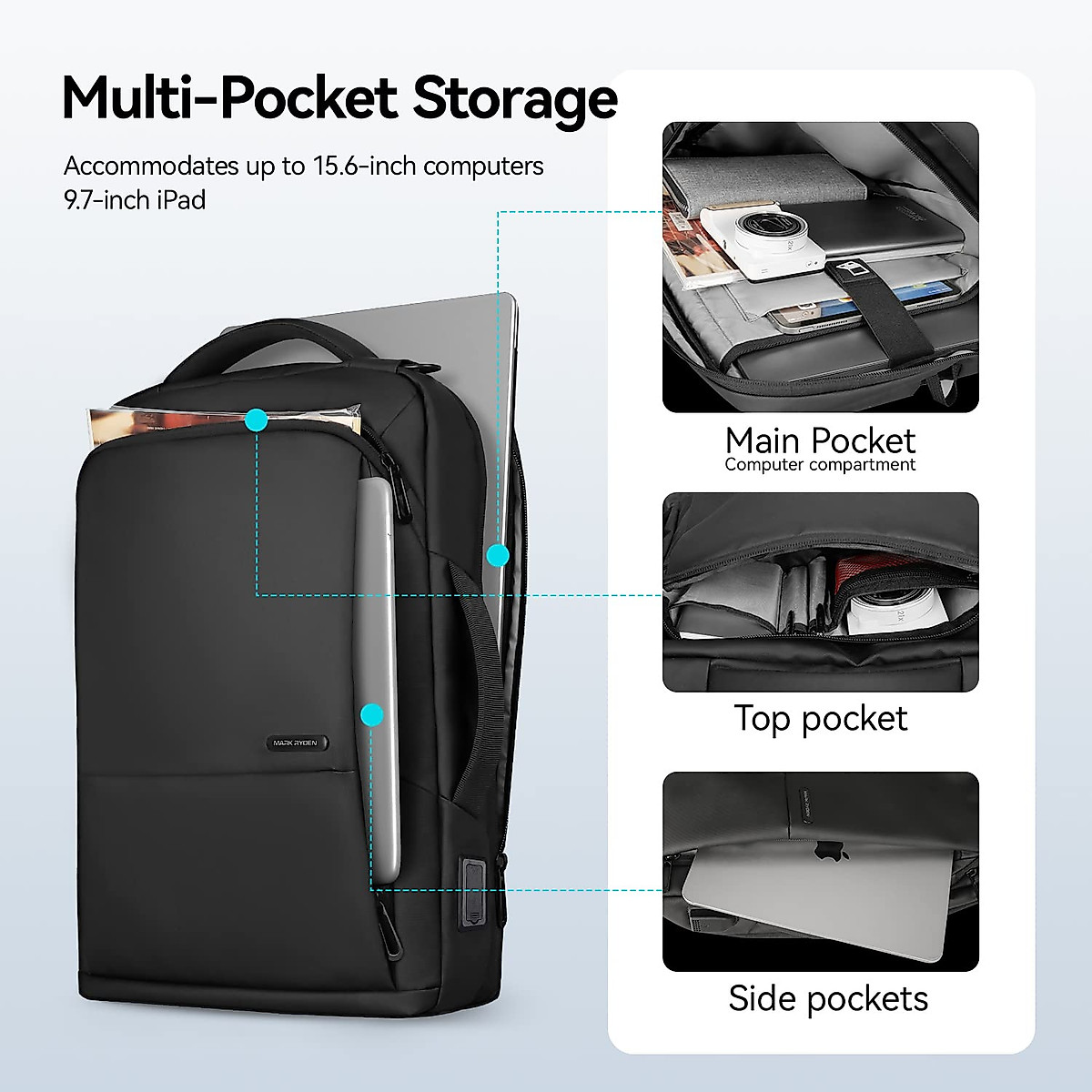 MARK RYDEN Slim Backpack for Men, 15.6 Inch Laptop Backpack, 3 in 1 Waterproof High Tech Backpack with Removable Buckle and USB Charging Port, Business Backpack Ideal for Working, Commuting, Daily